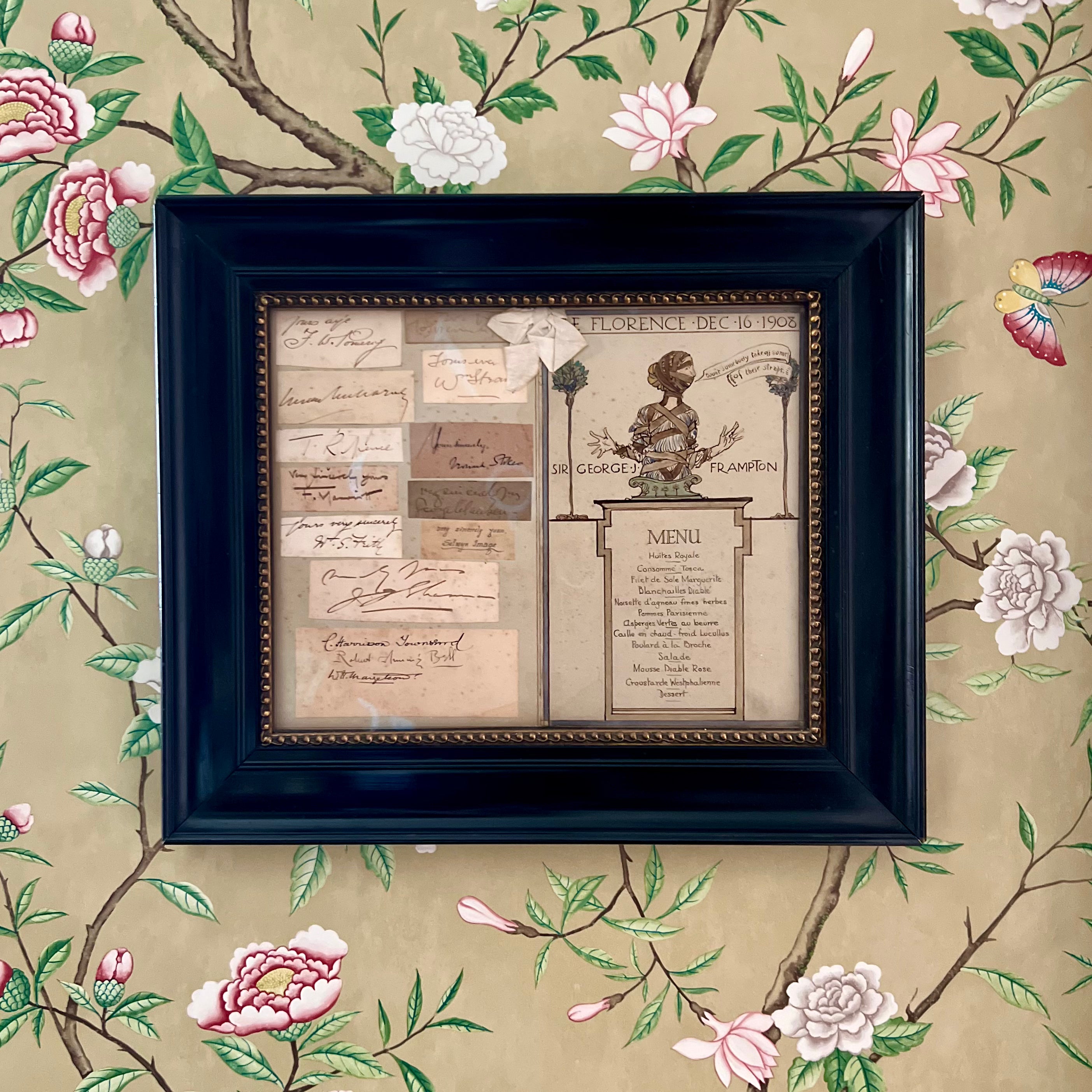 A framed Sir George Frampton dinner menu, The Florence 12 December 190 ...