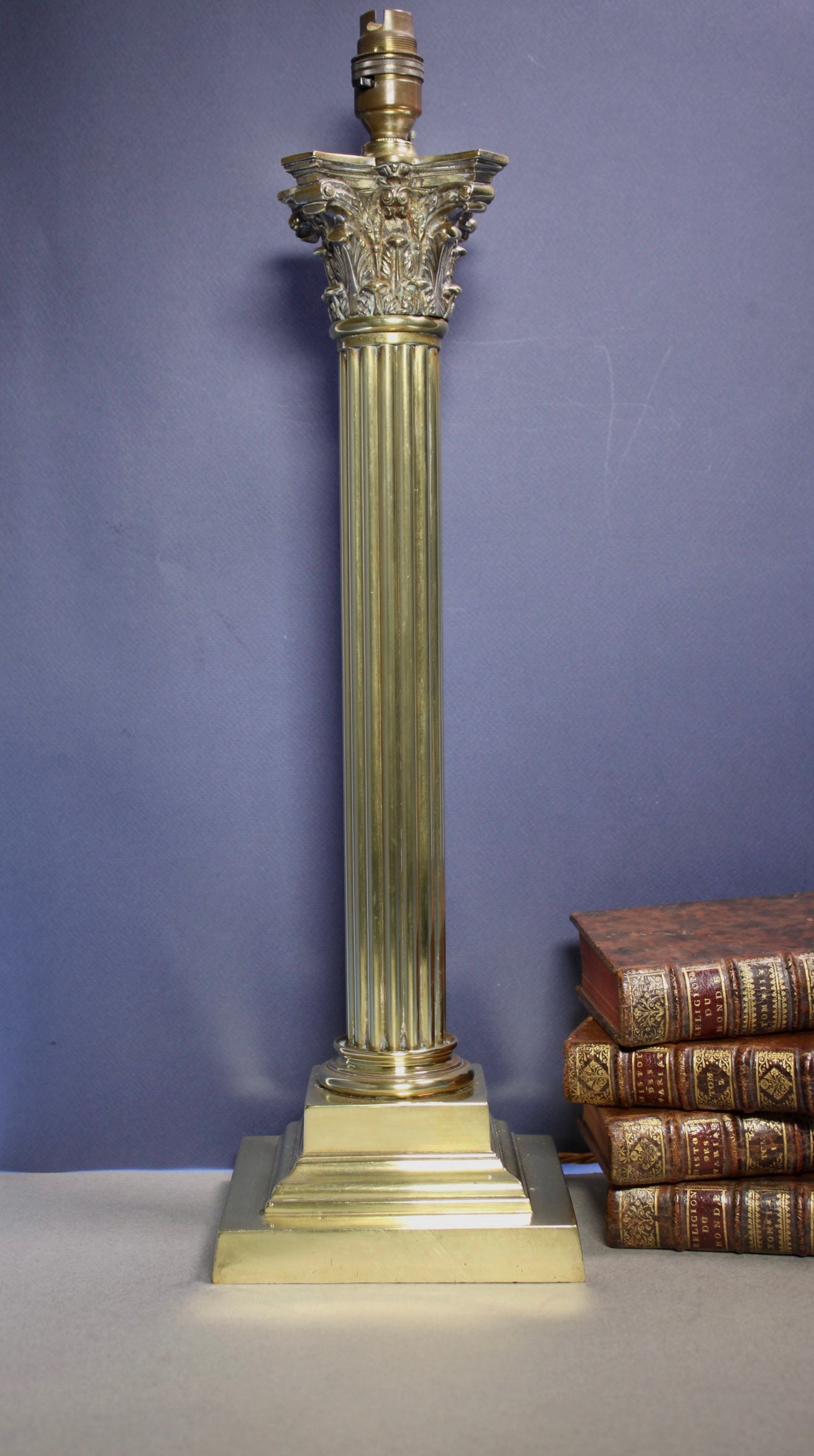 A Large Scale Edwardian Brass Corinthian Column Lamp Base. English cir ...